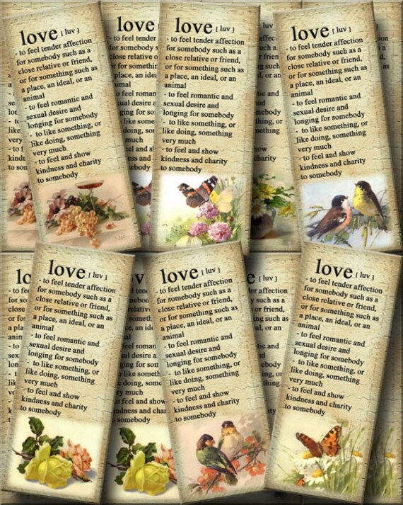 LOVE Dictionary Definition-Vintage Art Bookmarks/Tags-2"x5"- INSTaNT ...