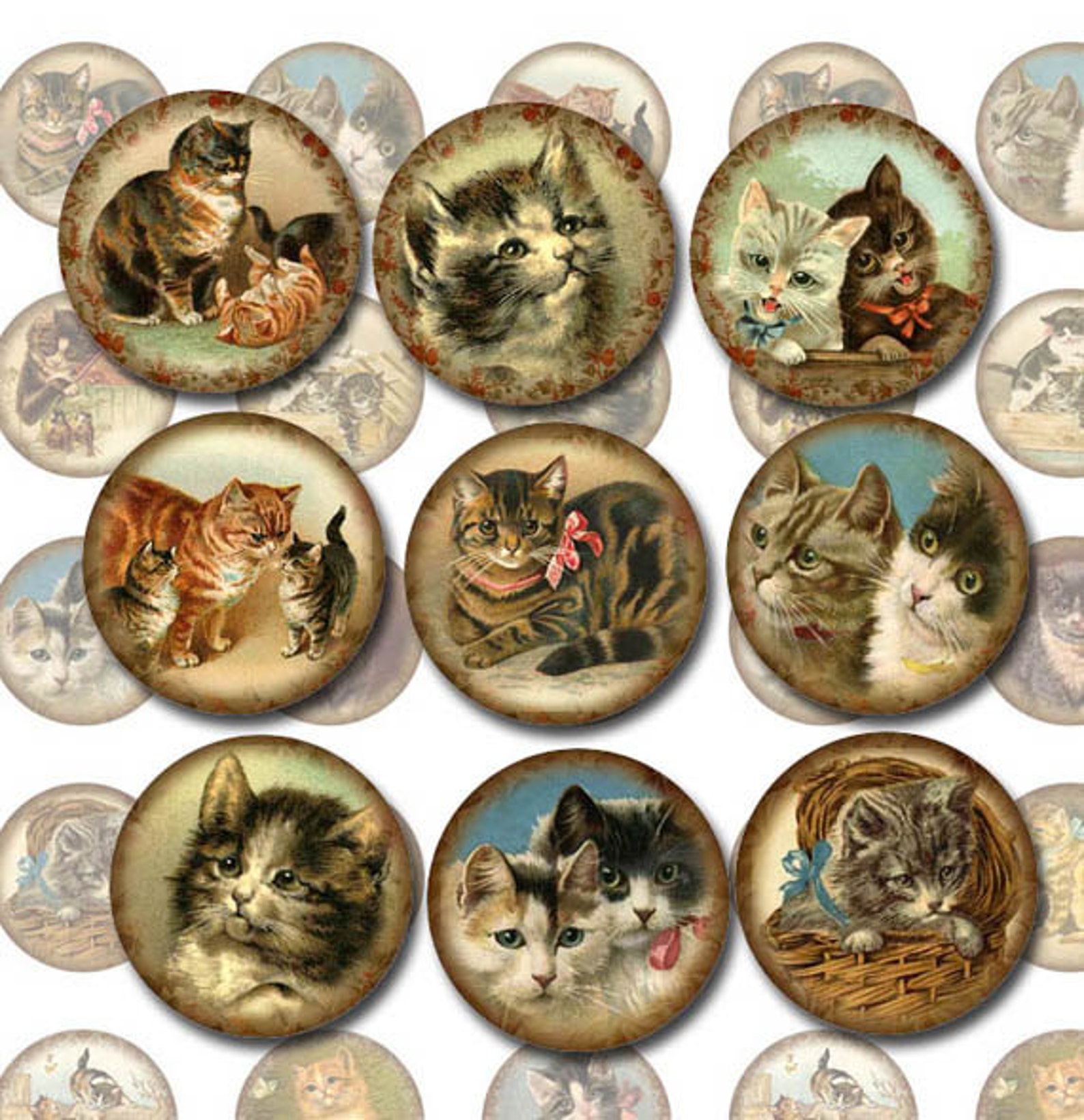 Kittens Cats Felines- Vintage Art 1 Inch Circles for Jewelry, Scrapbook ...