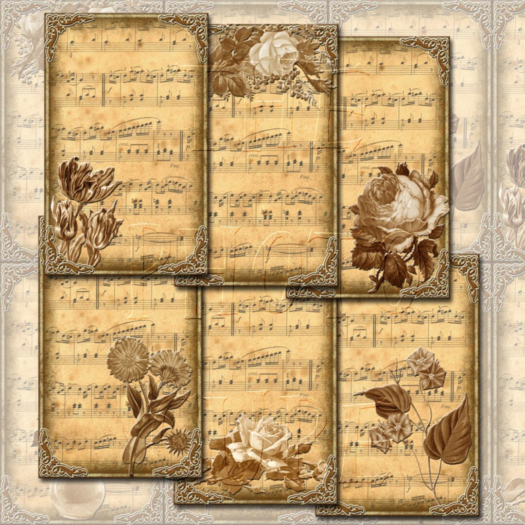 Rustic Flowers and Sheet Music Sepia Vintage Art-cards, Journal Tags ...