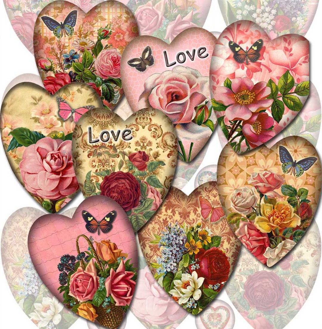 Lovely HEART Shapes-charming Shabby Chic Collage - Roses, Butterflies ...