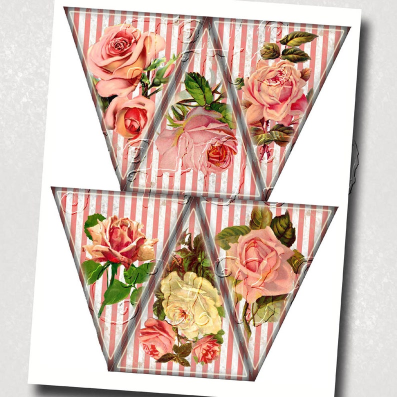 Pink Stripe Roses-banner shabby Chic Vintage Art | Etsy
