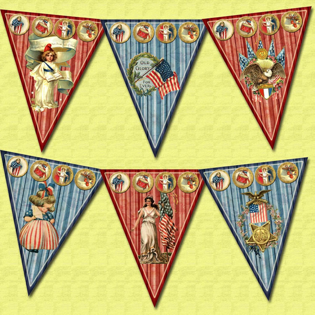 Americana Vintage Art Banner- Flags Pennants Bunting- Instant Download ...