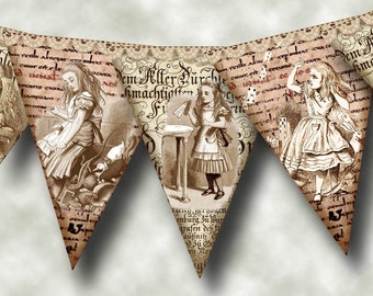 Alice in Wonderland Banner Pennants Flags Instant Download | Etsy