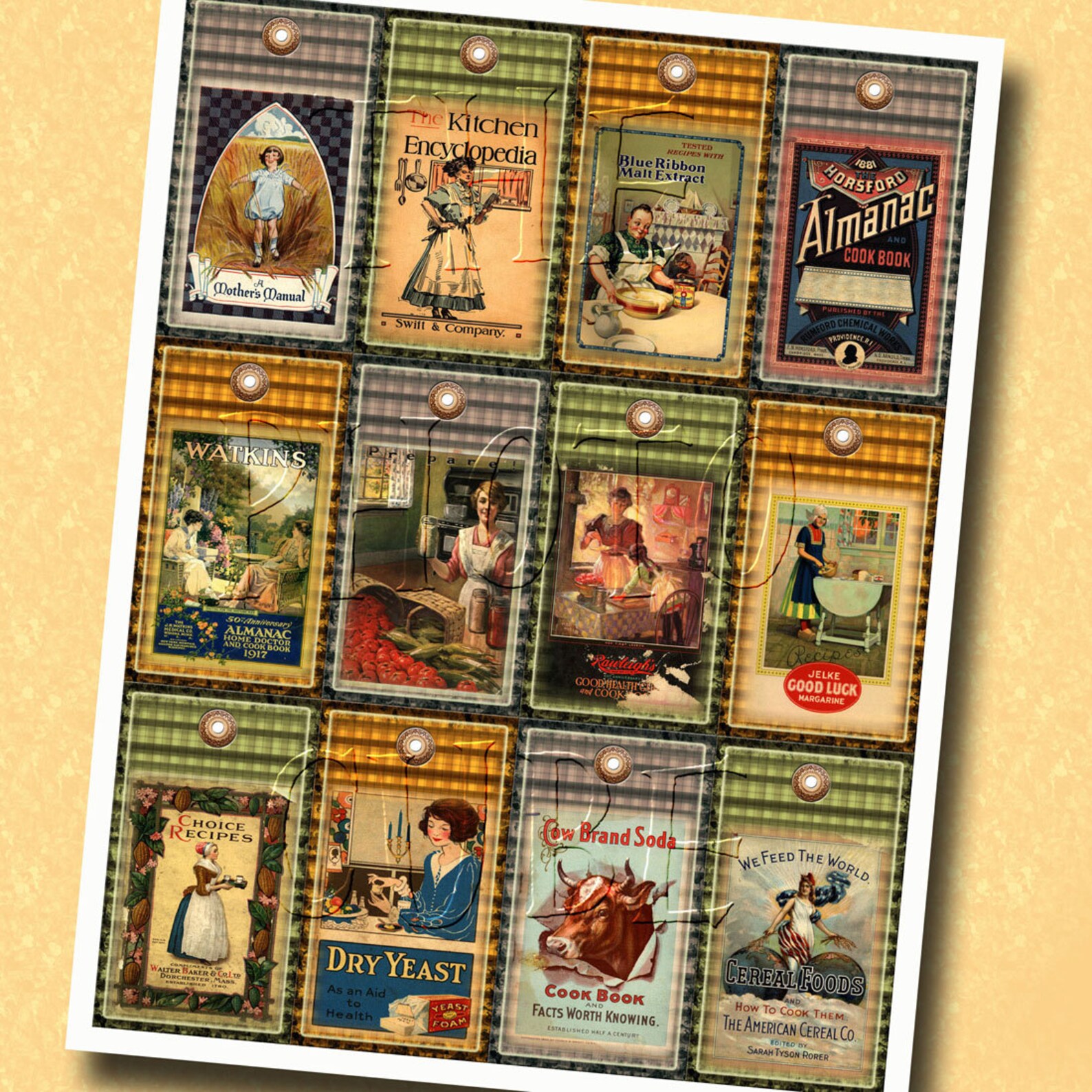 Cook Book Covers-charming Vintage Kitchen Art Hang/gift Tags/cards ...