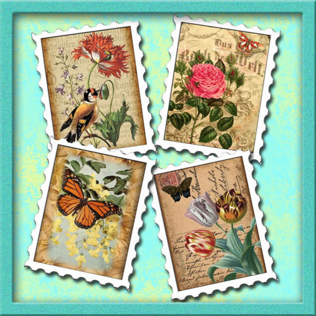 Postage Stamp Effect- Vintage Floral Altered Art Mini Tags/labels ...