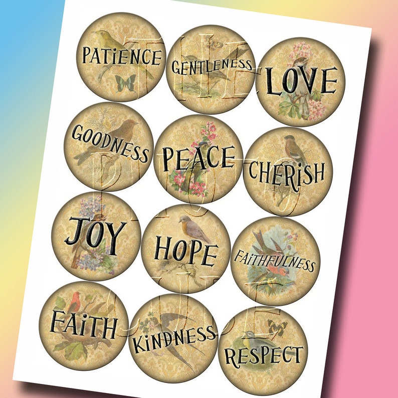 Faith Hope Love Joy Peace- 2.5" Circles- Fruit of the Spirit ...