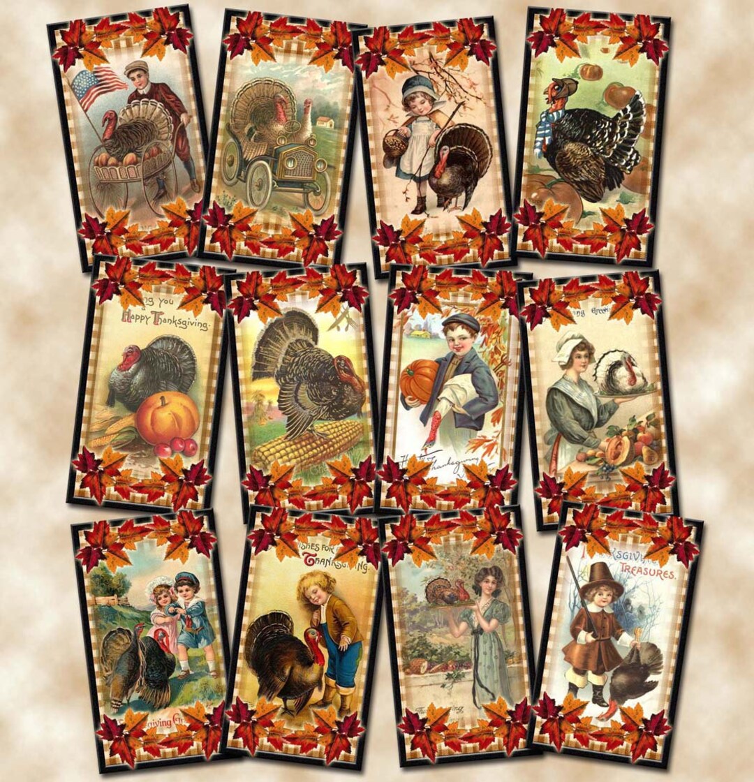 Thanksgiving- Primitive Plaid Vintage Art Tags/cards- Turkey, Fall ...