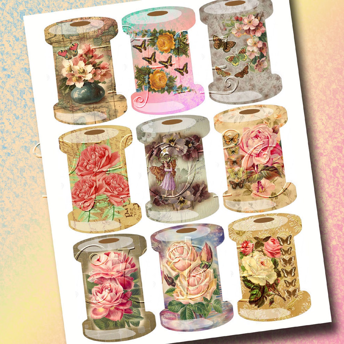 Ribbon Spools Whimsical Vintage Altered Art instant Download - Etsy