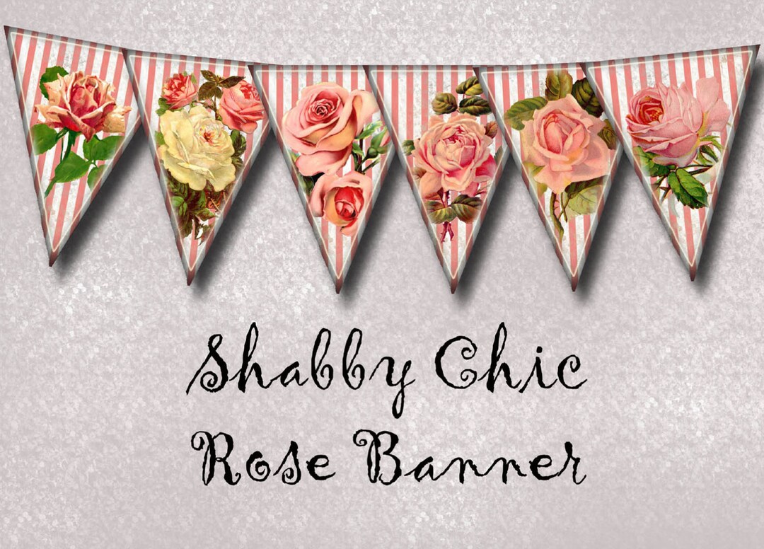 Pink Stripe Roses-banner -shabby Chic Vintage Art Pennants/bunting ...