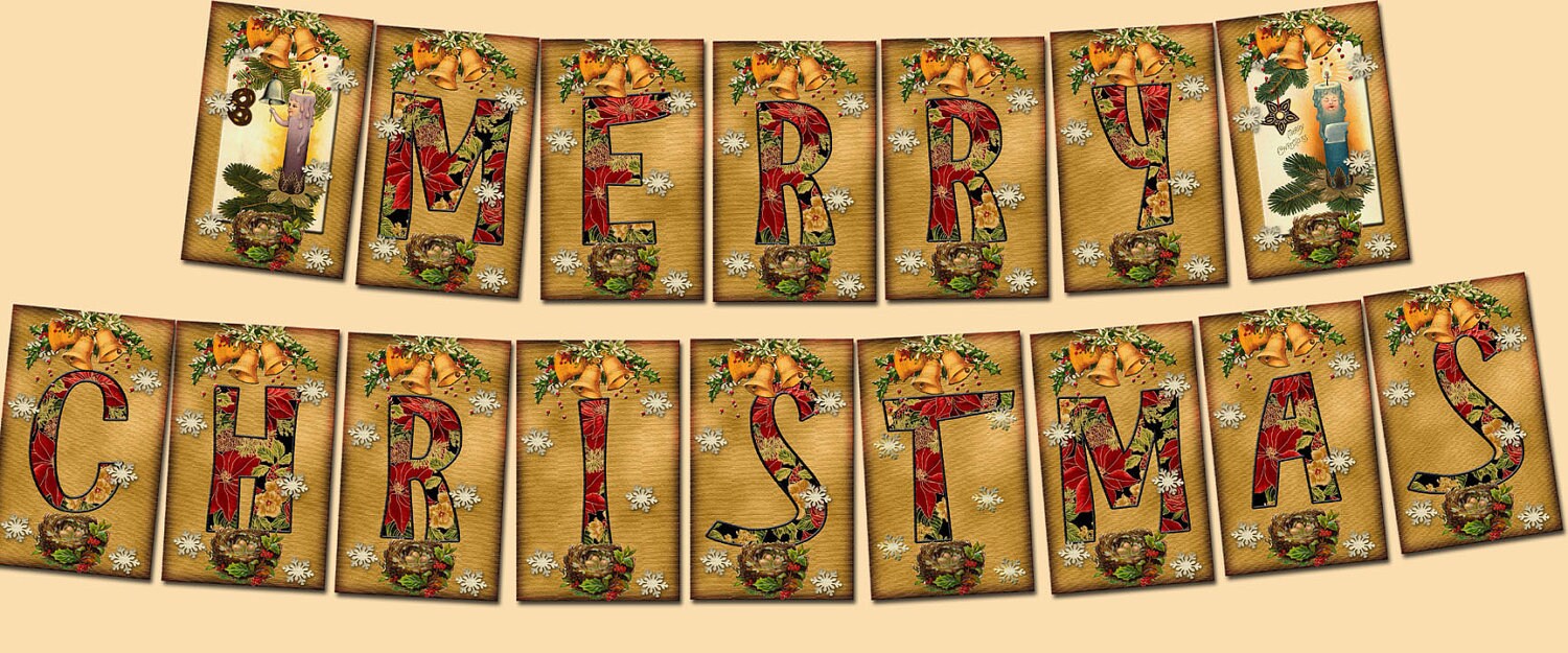 Merry Christmas Banner Pennants 2.5x4Vintage Art | Etsy