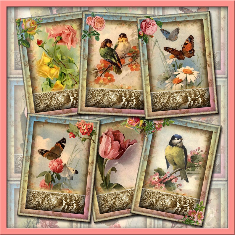 Flowers Birds Butterflies -charming Vintage Art Tags/labels -craft ...