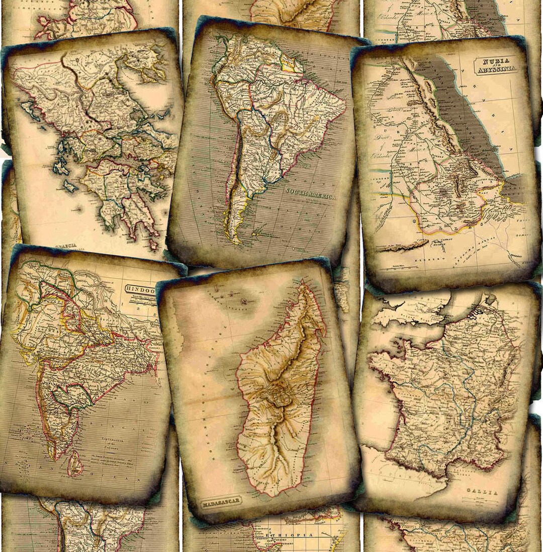 Maps- Primitive Antiqued Vintage Art Hang/gift Tags/cards/labels ...
