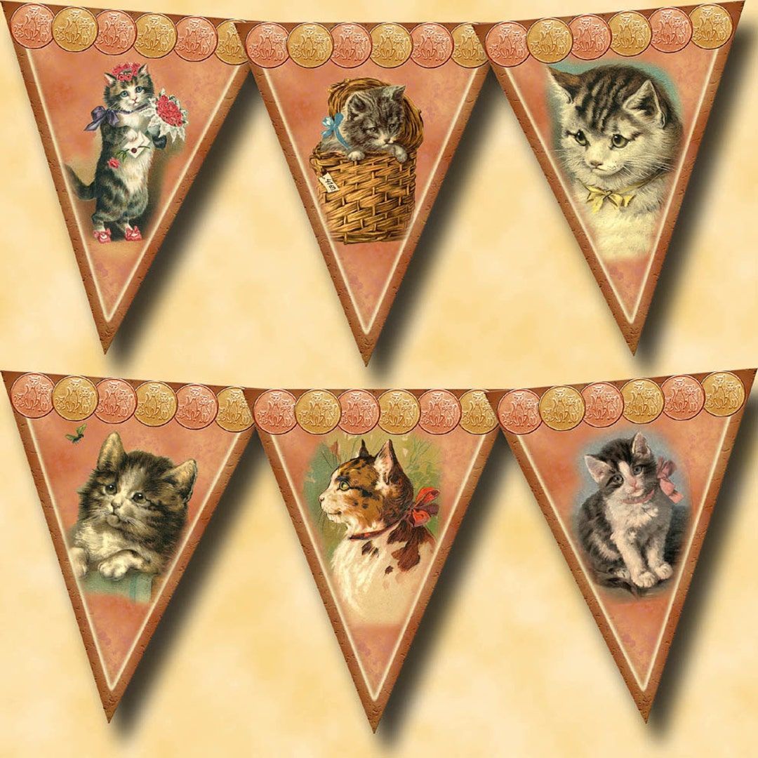 CAT Vintage Art 4"x5" Pennants/flags/bunting- Instant Download ...