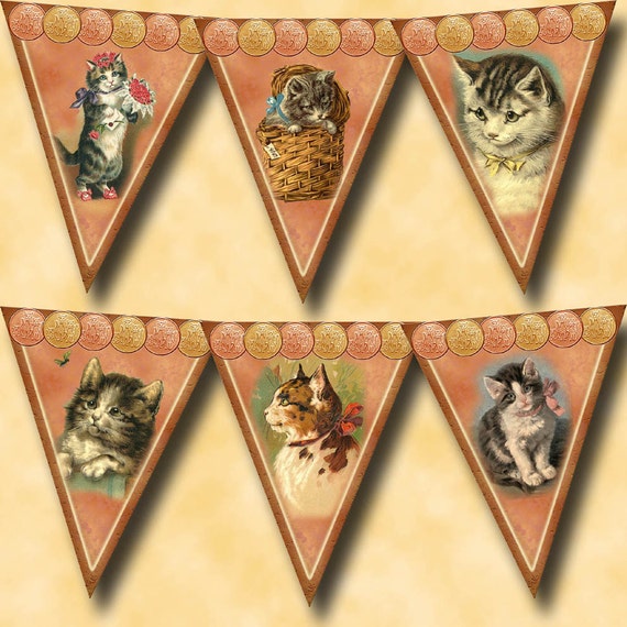 CAT Vintage Art 4"x5" PenNants/Flags/Bunting- INSTaNT DOWNLoAD ...