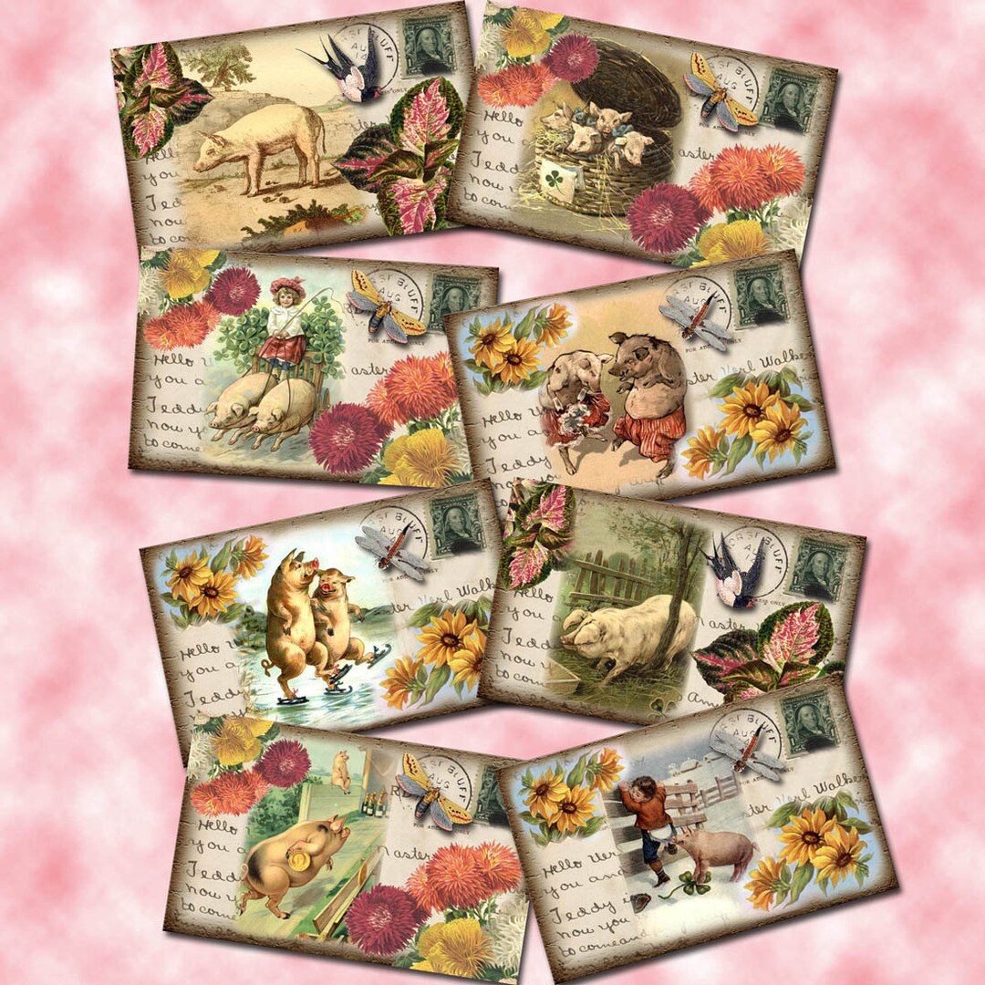 Pigs, Piggies, Piglets, Hogs-cute Postcard Vintage Art Hang Tags/cards ...