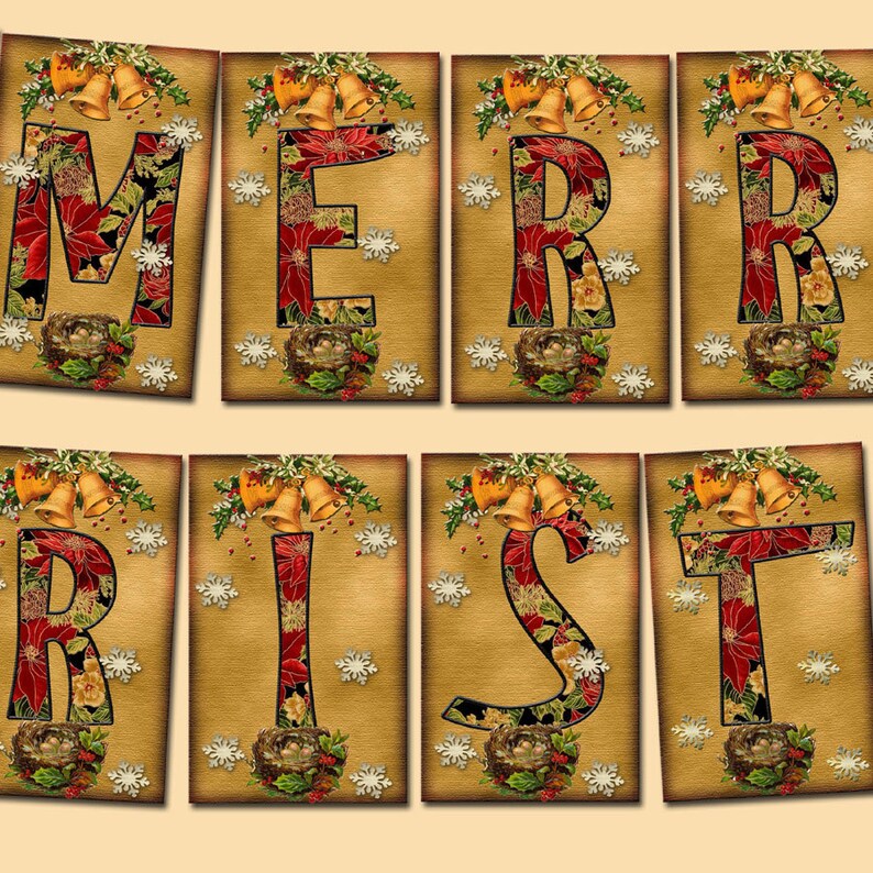 Merry Christmas Banner Pennants 2.5x4vintage Art - Etsy
