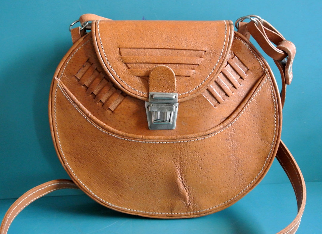 Small Vintage 1950s Almost Round Light Brown Real Leather Shoulder ...