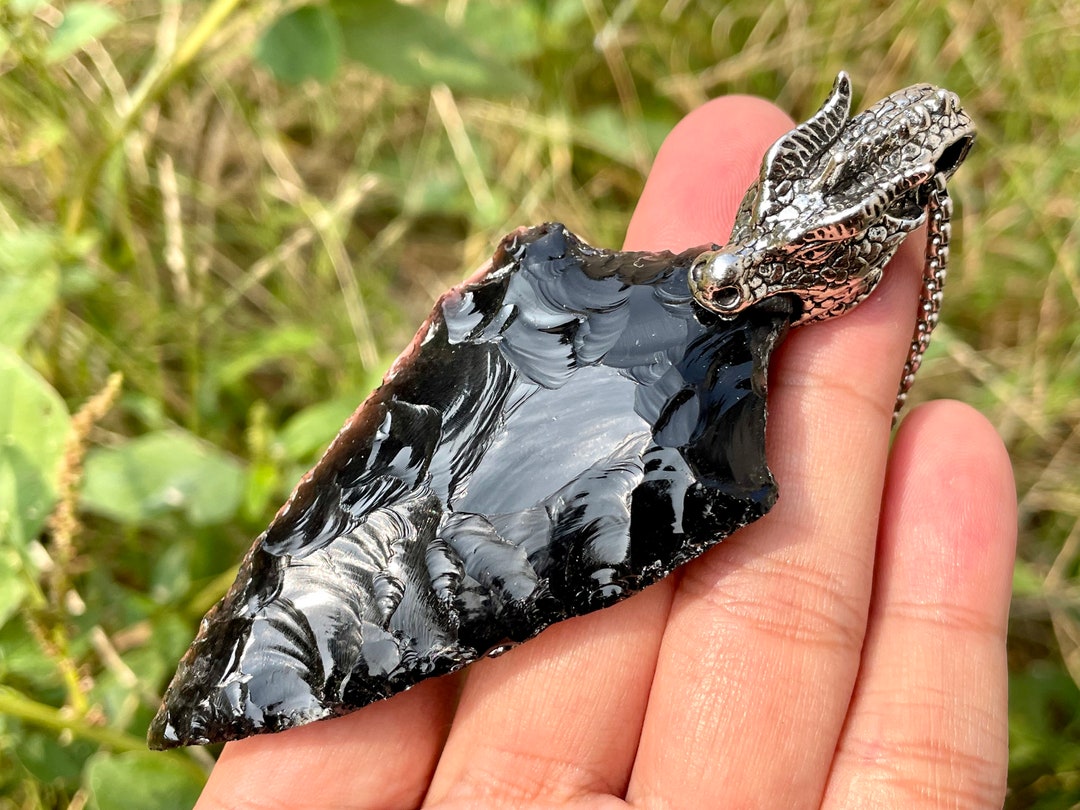 Obsidian Arrowhead Dragon Pendant: Hand Carved Crystal Healing Necklace ...