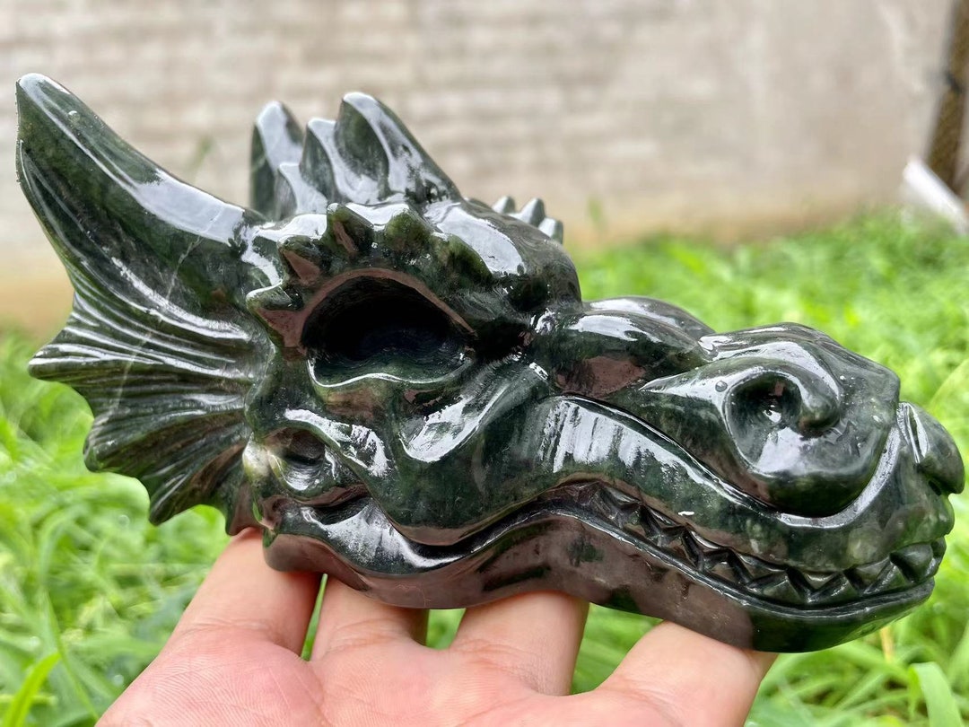 6.1''+ Natural Green Jade Dragon Head,quartz Crystal Dragon Skull,hand Carved Dragon,crystal ...