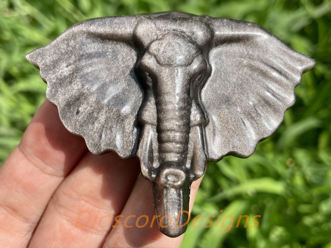 3''+ Natural Silver Obsidian Elephant Skull,hand Carved Elephant ...