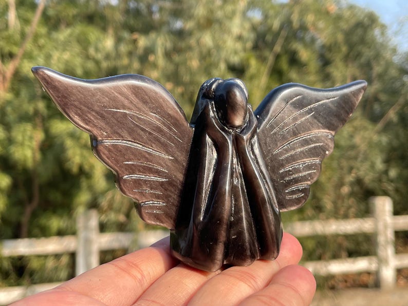 Hand Carved Silver Obsidian Quartz Angel: Crystal Home Decor (5.1'') - Etsy