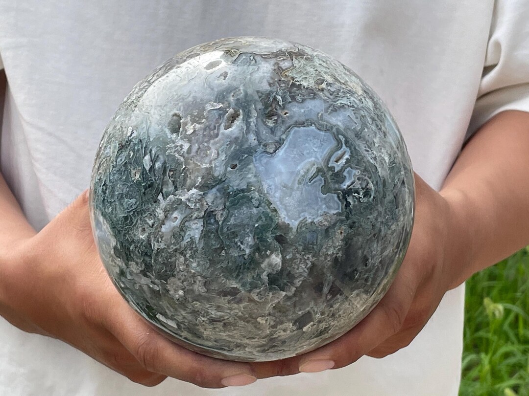 Large Moss Agate Geode Ball: Hand Carved Crystal Sphere, Home Decor (5. ...