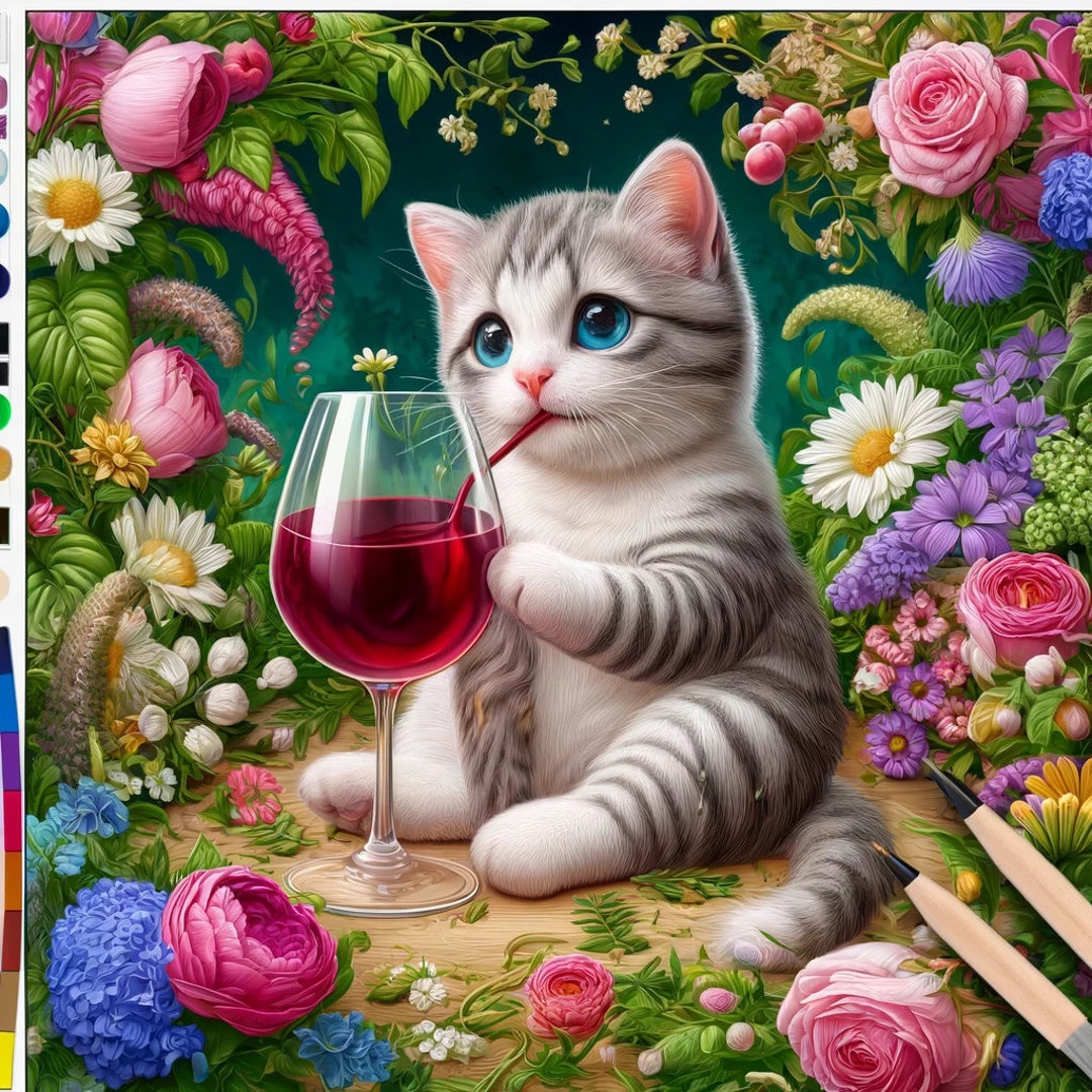 Charming Cat Wall Art Elegant Feline Sipping Wine, Floral Surround ...