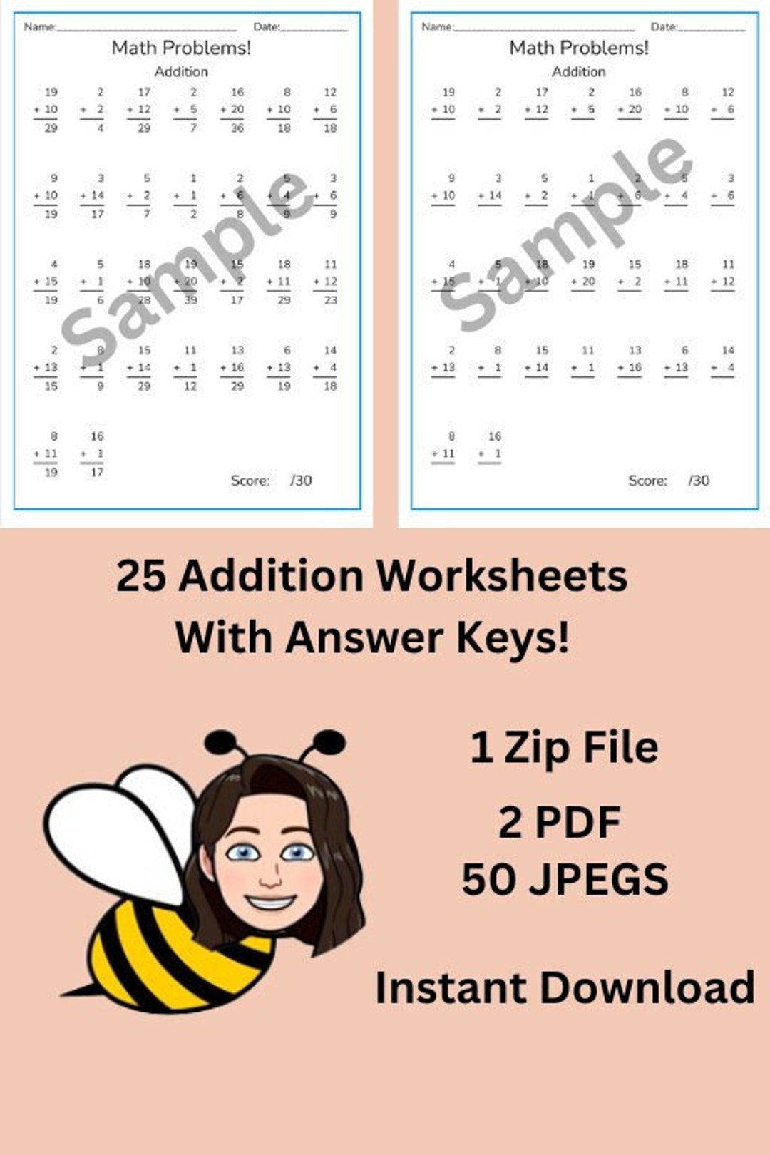 Grade 1 Math Addition Worksheets 25 Bundle Pack Answer Keys Included ...