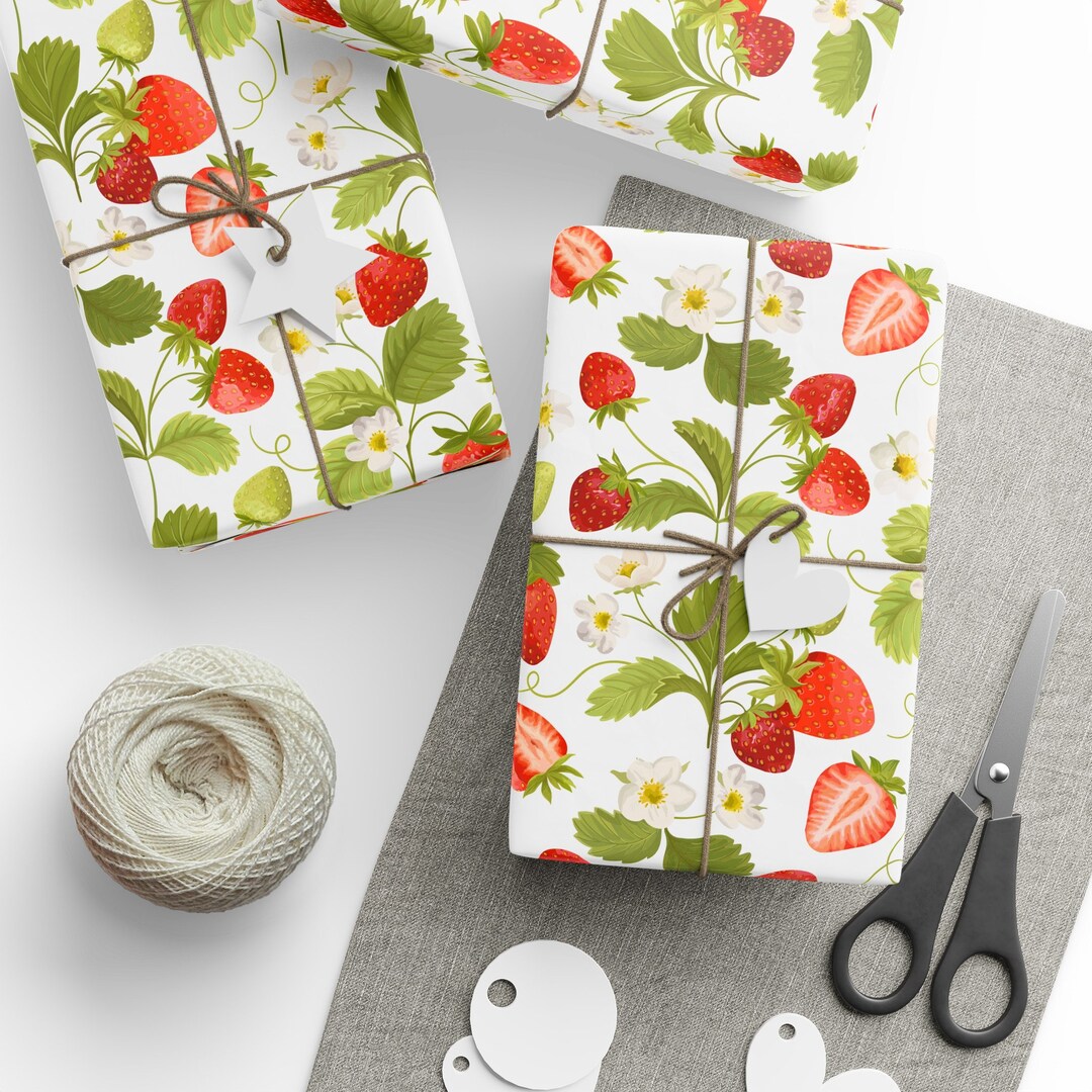 Boho Strawberry Wrapping Paper | Strawberry Gift Wrap | Strawberry Wrap ...