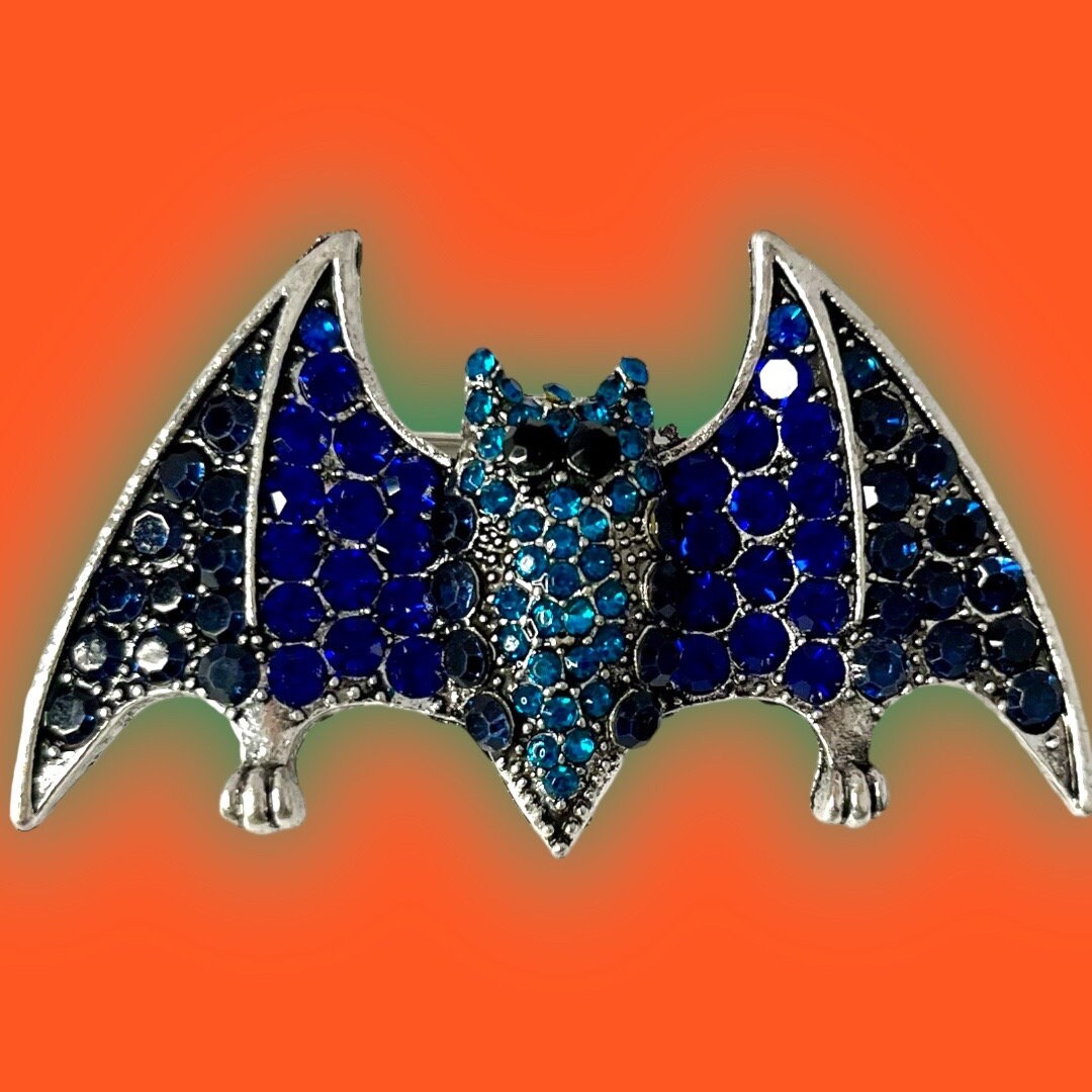 Elegant Halloween Bat Pin in Blue, Green and Black Sparkling Rhinestone ...
