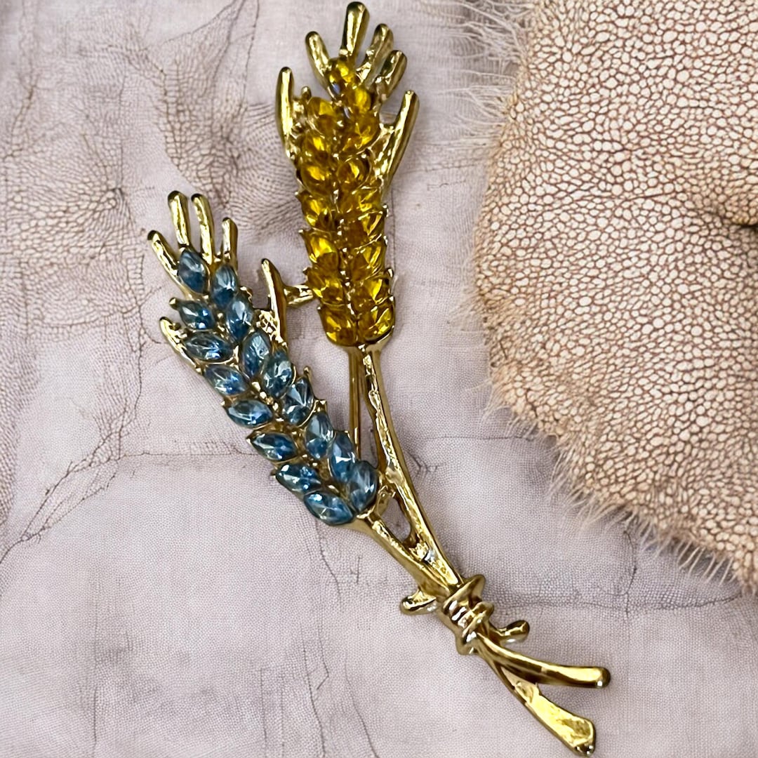 Rustic Wheat Brooch Pin 18K Gold Finish With Blue & Yellow Crystal ...