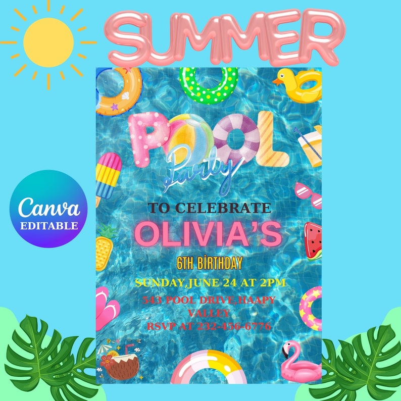 Editable Pool Party Invitation, Swim Party Invite, Tropical Birthday ...