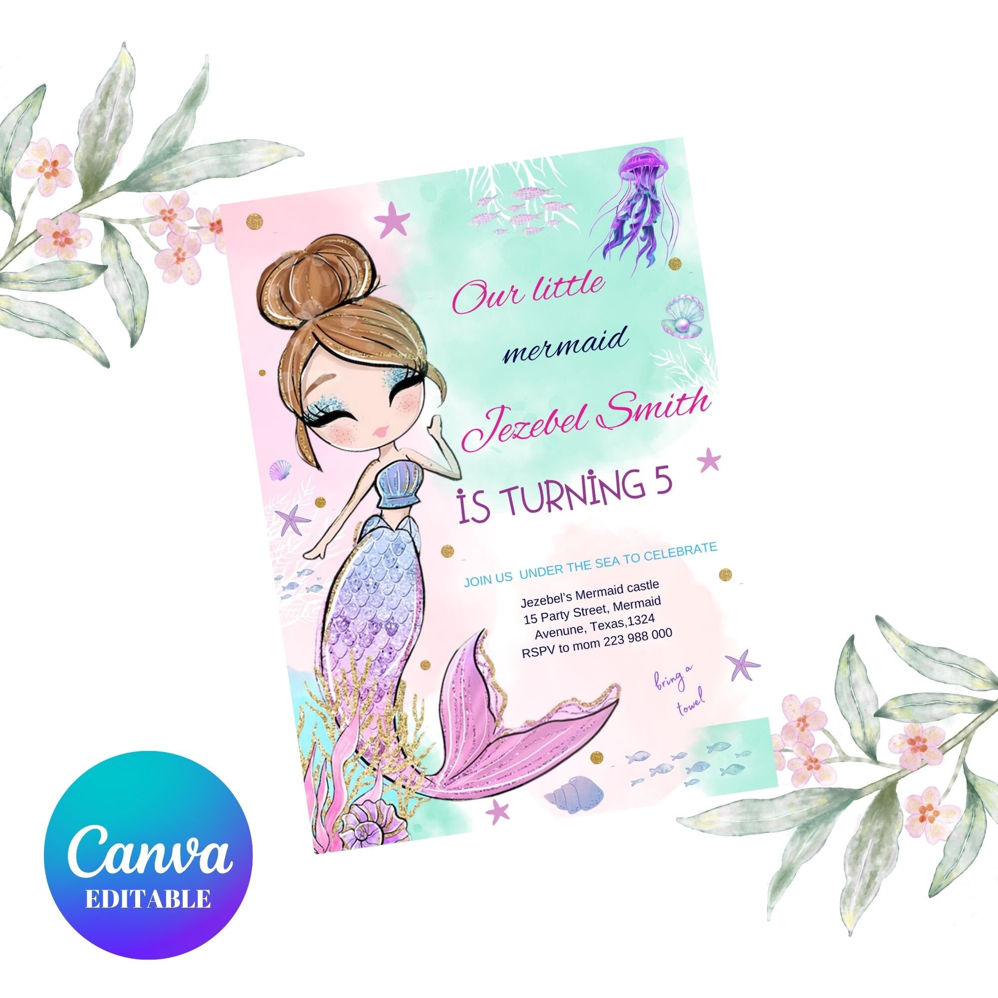 Editable Mermaid Birthday Invitation, Pink Mermaid Invite, Under the ...