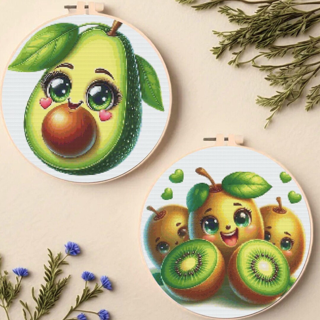 Cute Avocado & Kiwi Cross Stitch Pattern | Funny Fruit Embroidery ...