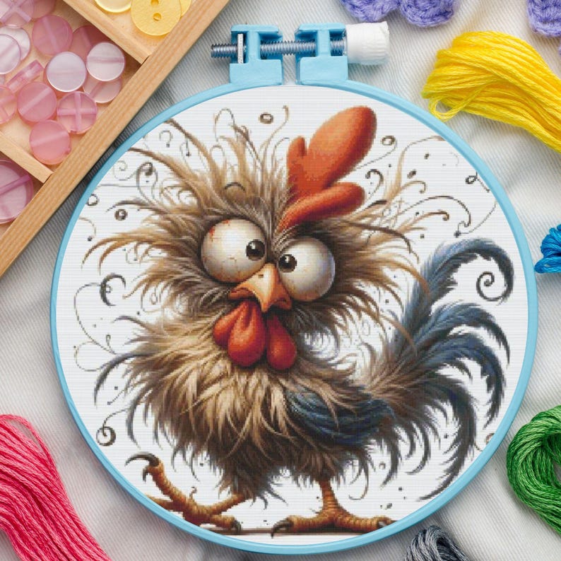 Funny Rooster Embroidery Pattern – Crazy Chicken Cross Stitch (digital ...