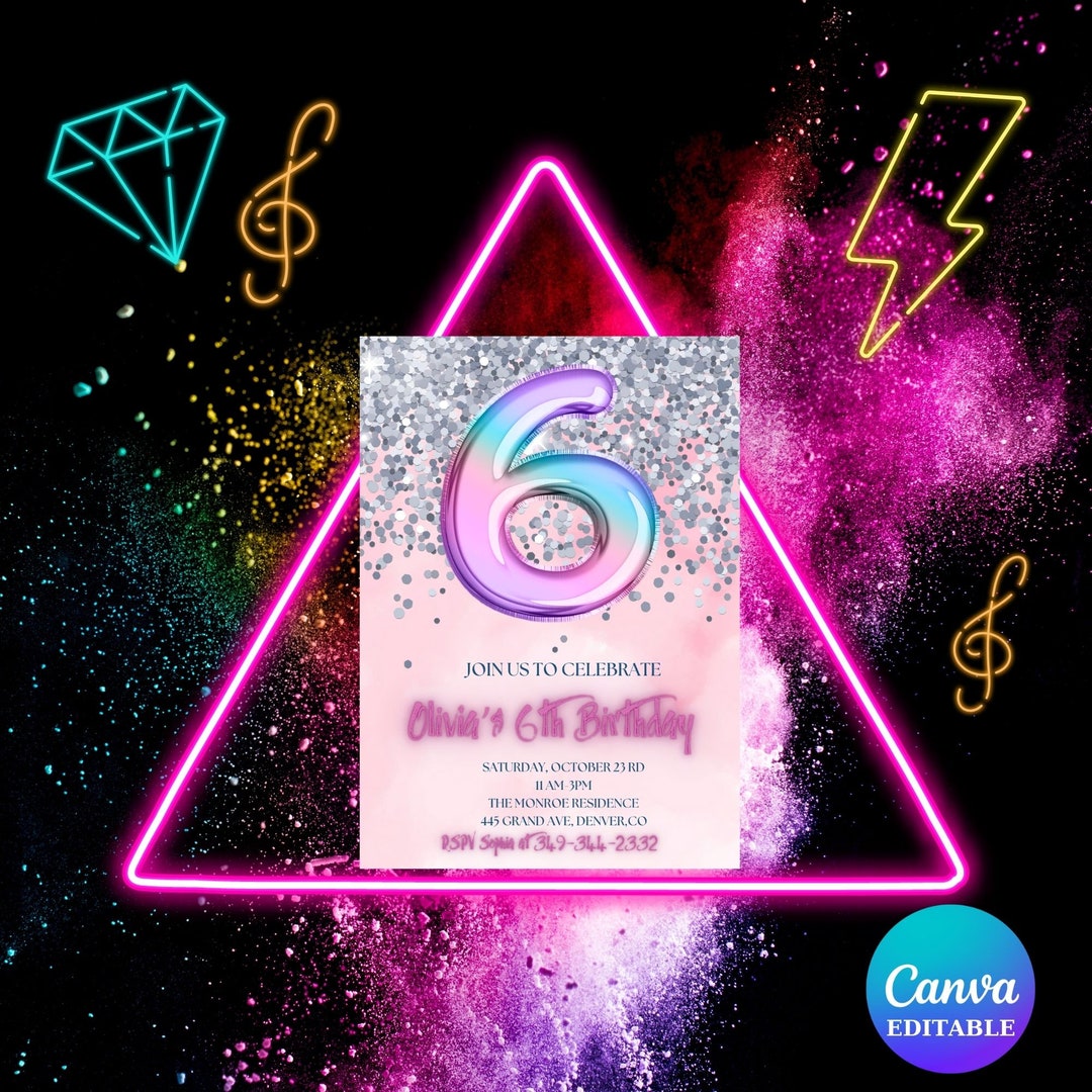 Editable Pink 6th Birthday Invitation Template Glitter Birthday Party ...