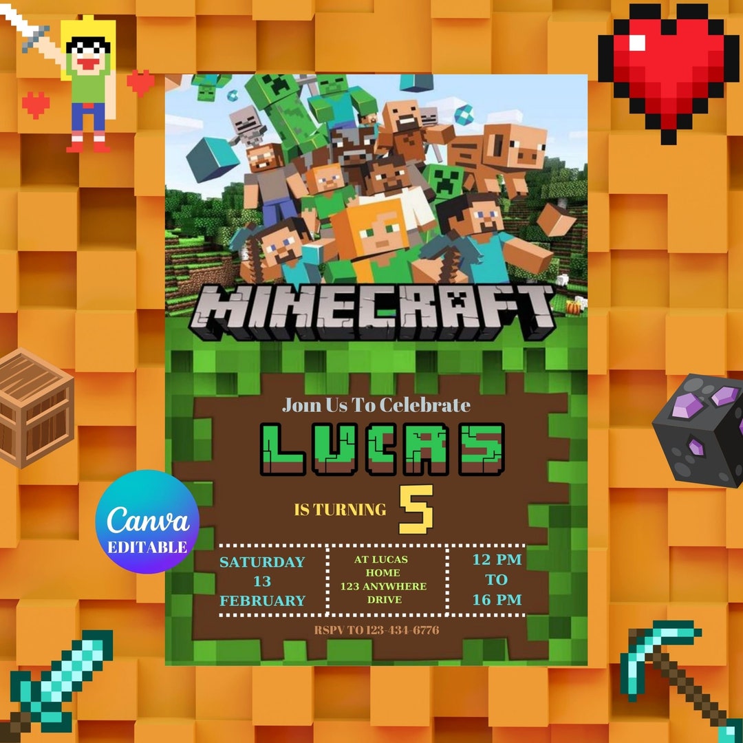 Invitación de cumpleaños editable de Minecraft, invitaciones de ...