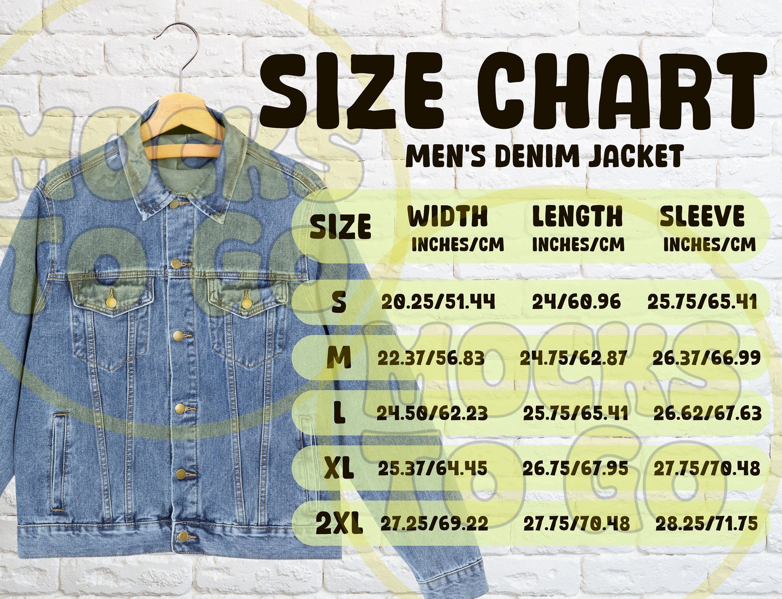 MWW Men's Denim Jacket Size Chart Mockup, Inches Centimeters, MWW on ...
