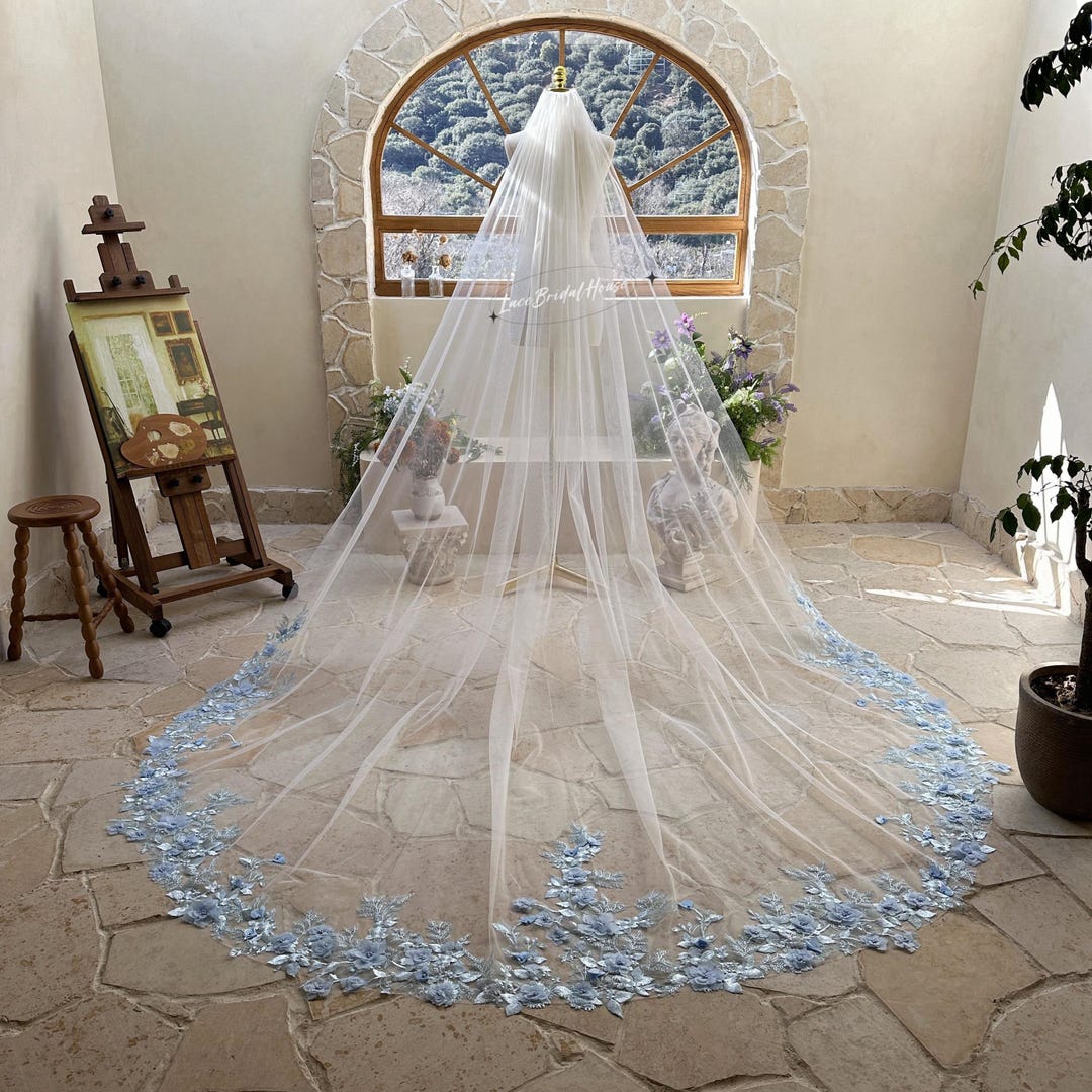 Cathedral Length Wedding Veil With Sky Blue 3D Floral Lace. Floral ...