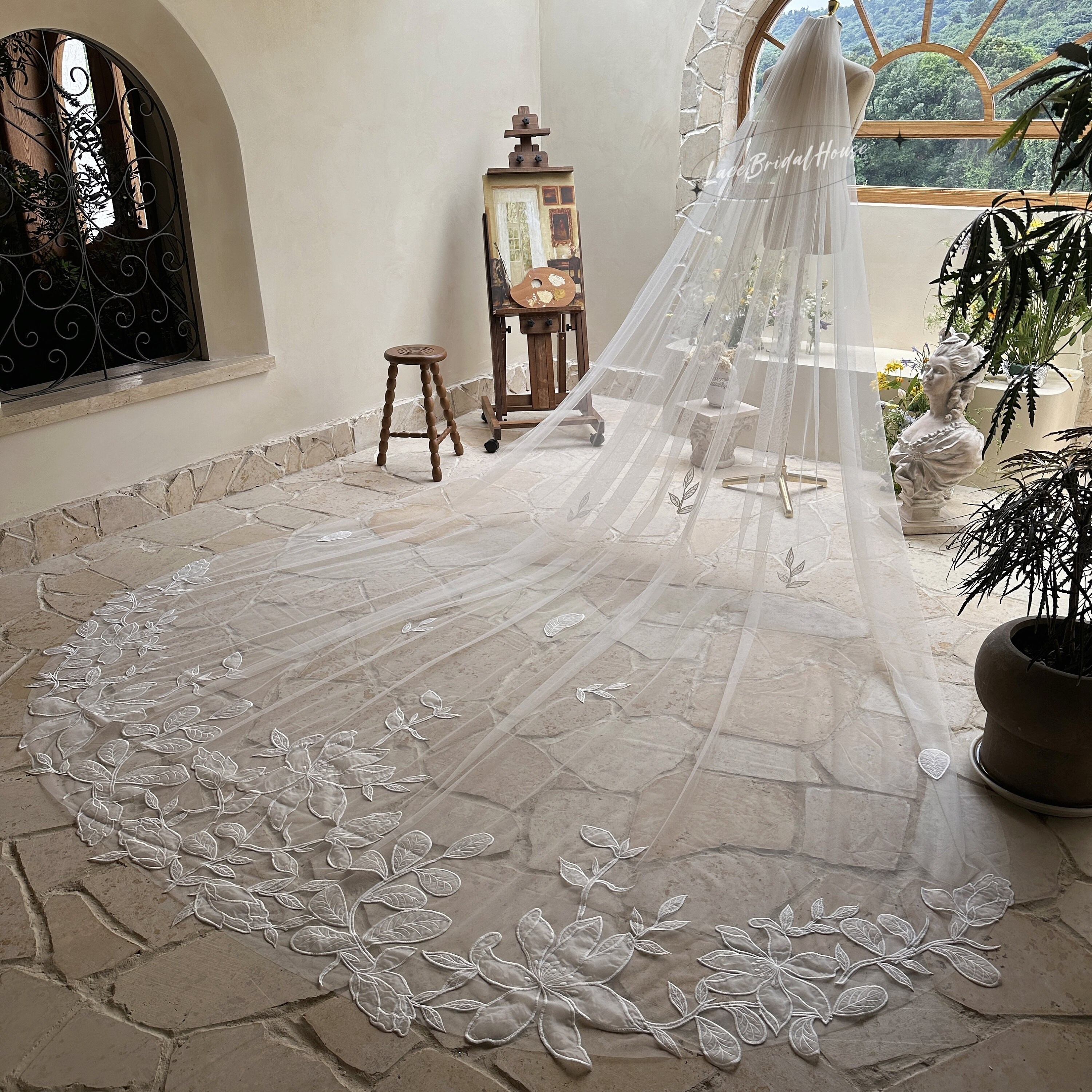 New Organza Flower Veil. 1T Bridal Long Veil Wedding. Custom Tulle ...