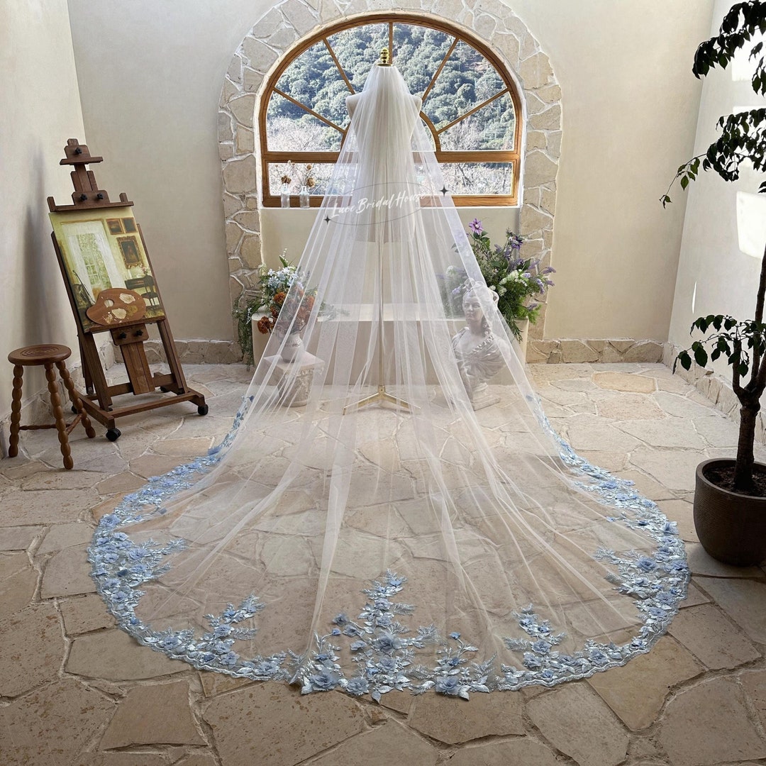 Light Blue Floral Lace Wedding Veil With Pearls & Rhinestones. 3D Lace ...
