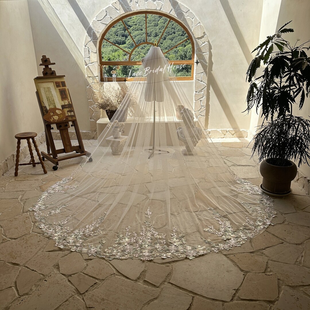 Pink Yellow Embroidery Roses Veil for Bride. Romantic Flowery Wedding ...