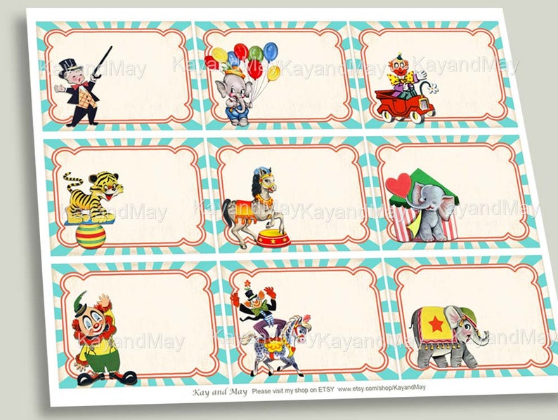 Retro Circus Party Tags: Printable Birthday Gift Labels (digital ...