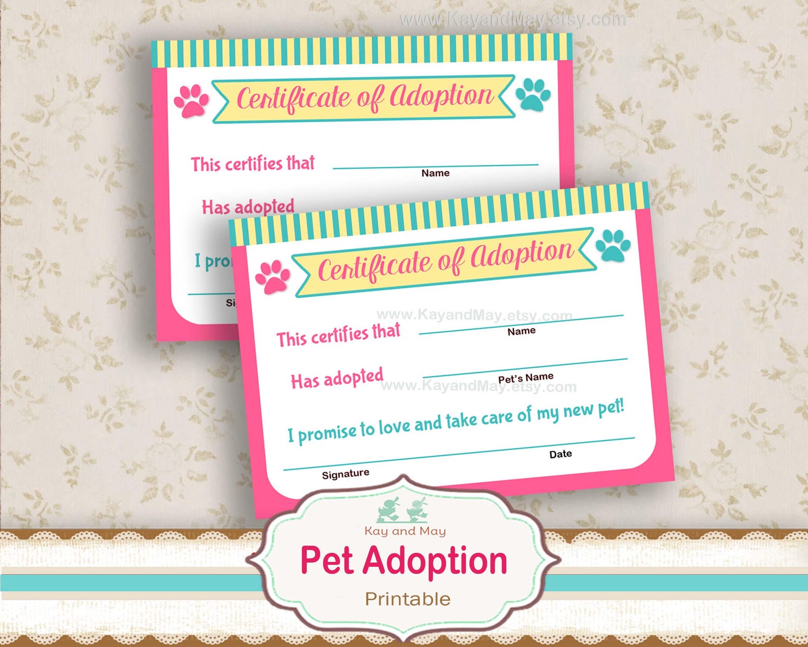 Pet Adoption Certificate Printable Pawty Party Favor Game Puppy, Kitten ...