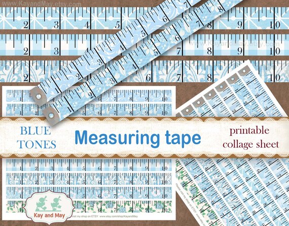 BLUE TONES measuring tape, rulers, printable collage sheet, vintage ...
