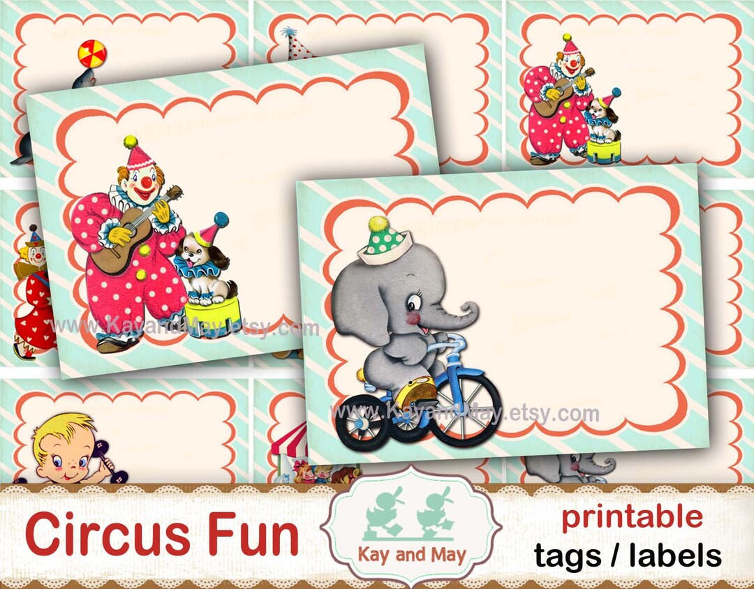 CIRCUS Gift Tags, Journal Cards, Carnival Tags, Printable Retro Circus ...