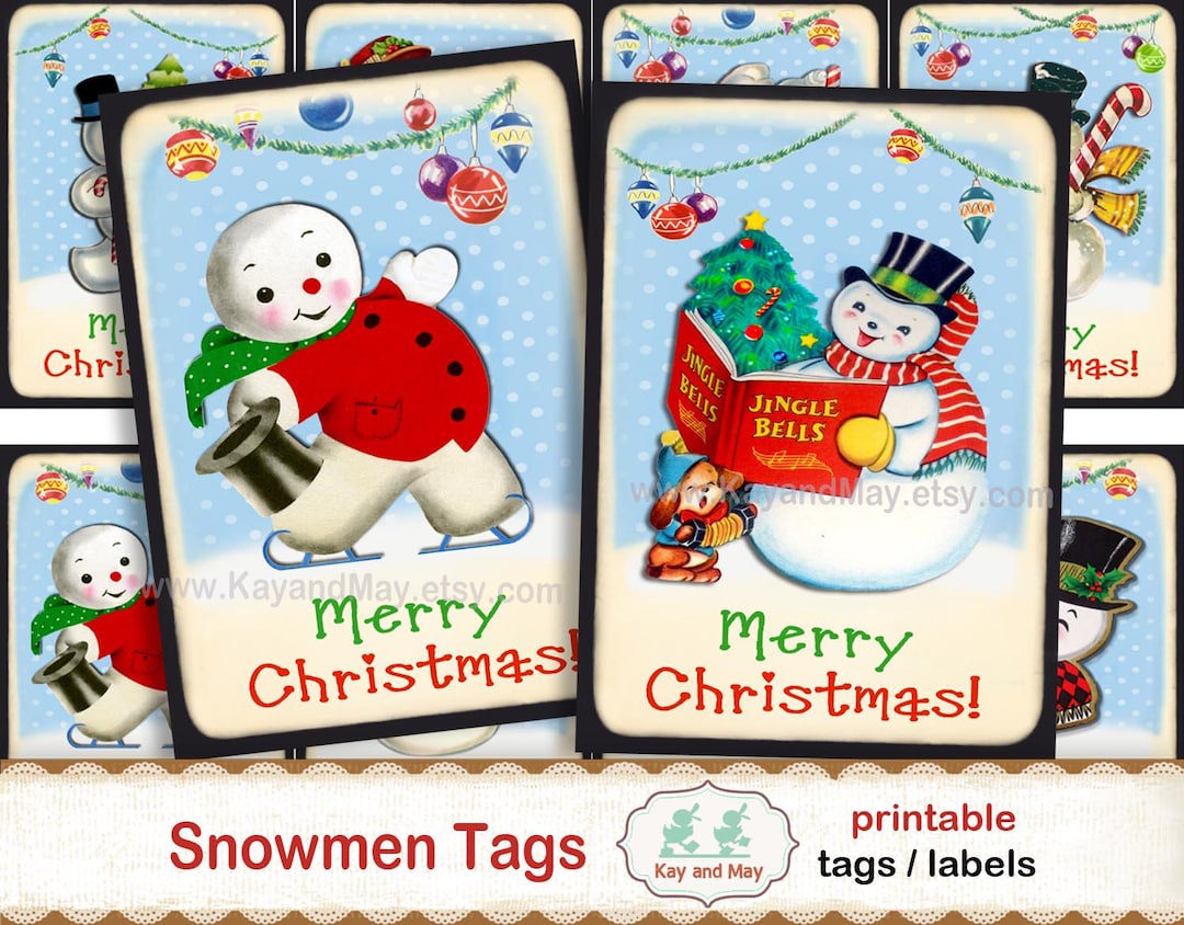 SNOWMEN Gift Tags - Printable Snowman Cards, Cute Retro Christmas Cards ...