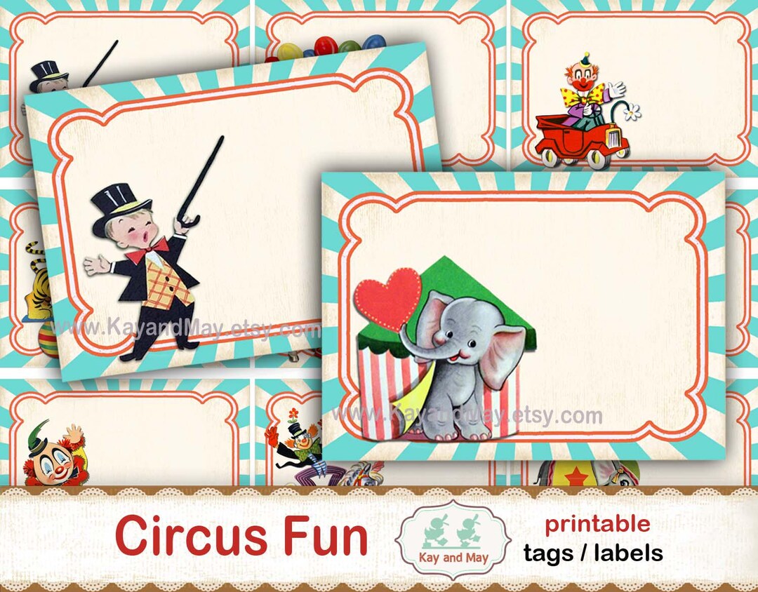 CIRCUS Party Tags Labels / Printable Retro Circus Birthday Gift Cards ...
