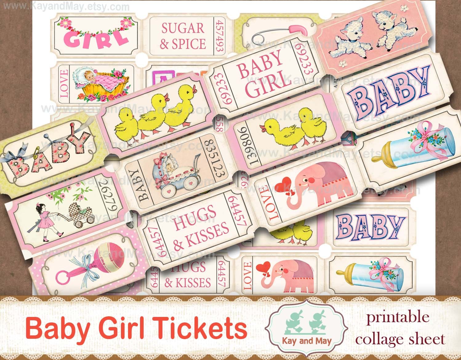 BABY GIRL tickets printable collage sheet of ticket strips - Etsy