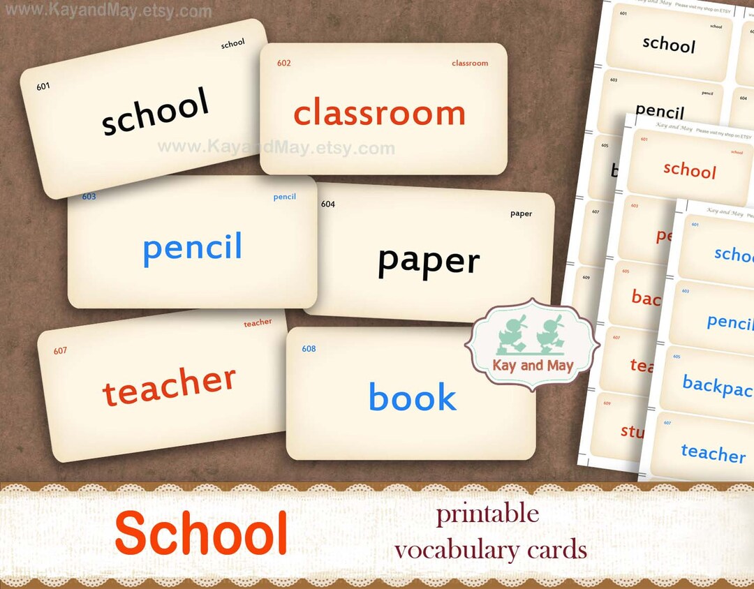 SCHOOL Vocabulary Flashcards, Printable School Junk Journal Word Cards ...